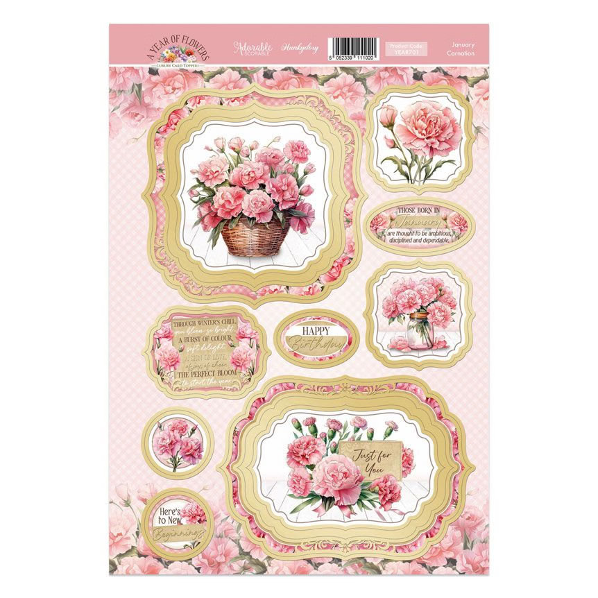 Die Cut Card Topper Sheet - A Year Of Flowers, January Carnation - £1.70